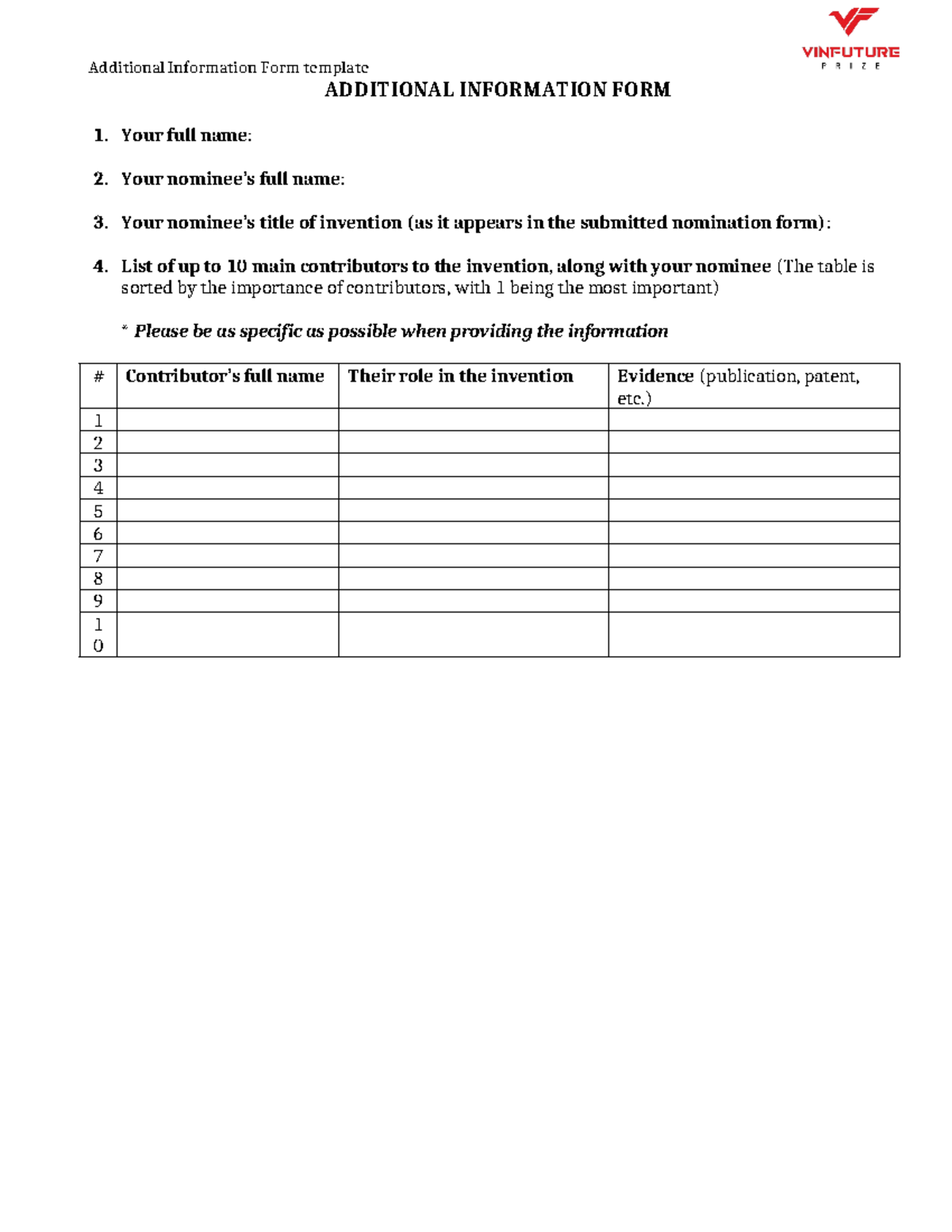 Vin Future Prize 2 - Additional Information Form template ADDITIONAL ...