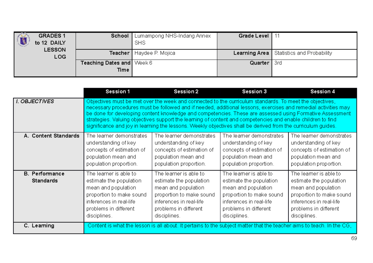 Lesson Plan in Statistics WEEK 6 - GRADES 1 to 12 DAILY LESSON LOG ...