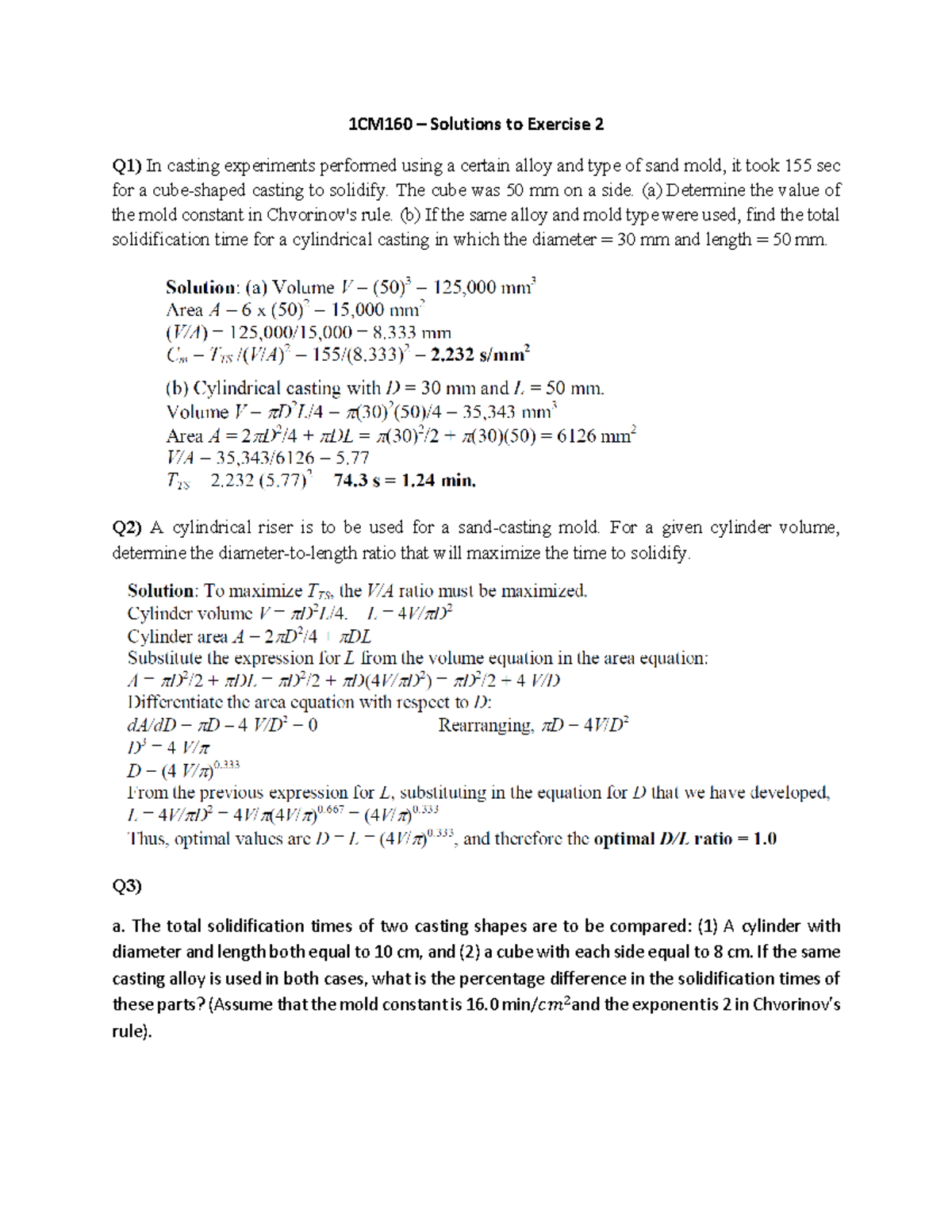 CM160 – Solutions to Exercises 2 in Casting Processes - Studeersnel