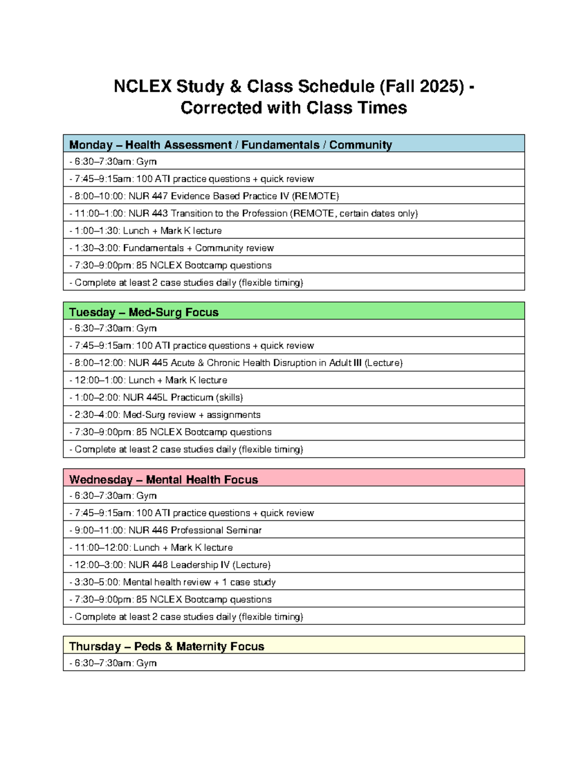 NCLEX Study Class Schedule (Fall 2025) with Class Times - Studocu