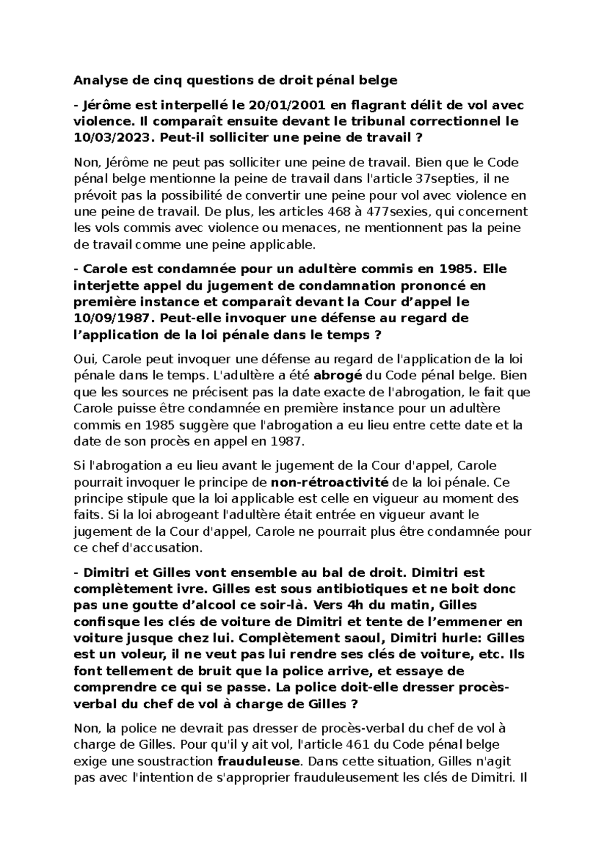 Analyse des Questions de Droit Pénal Belge - Devoir Séance 1 - Studocu