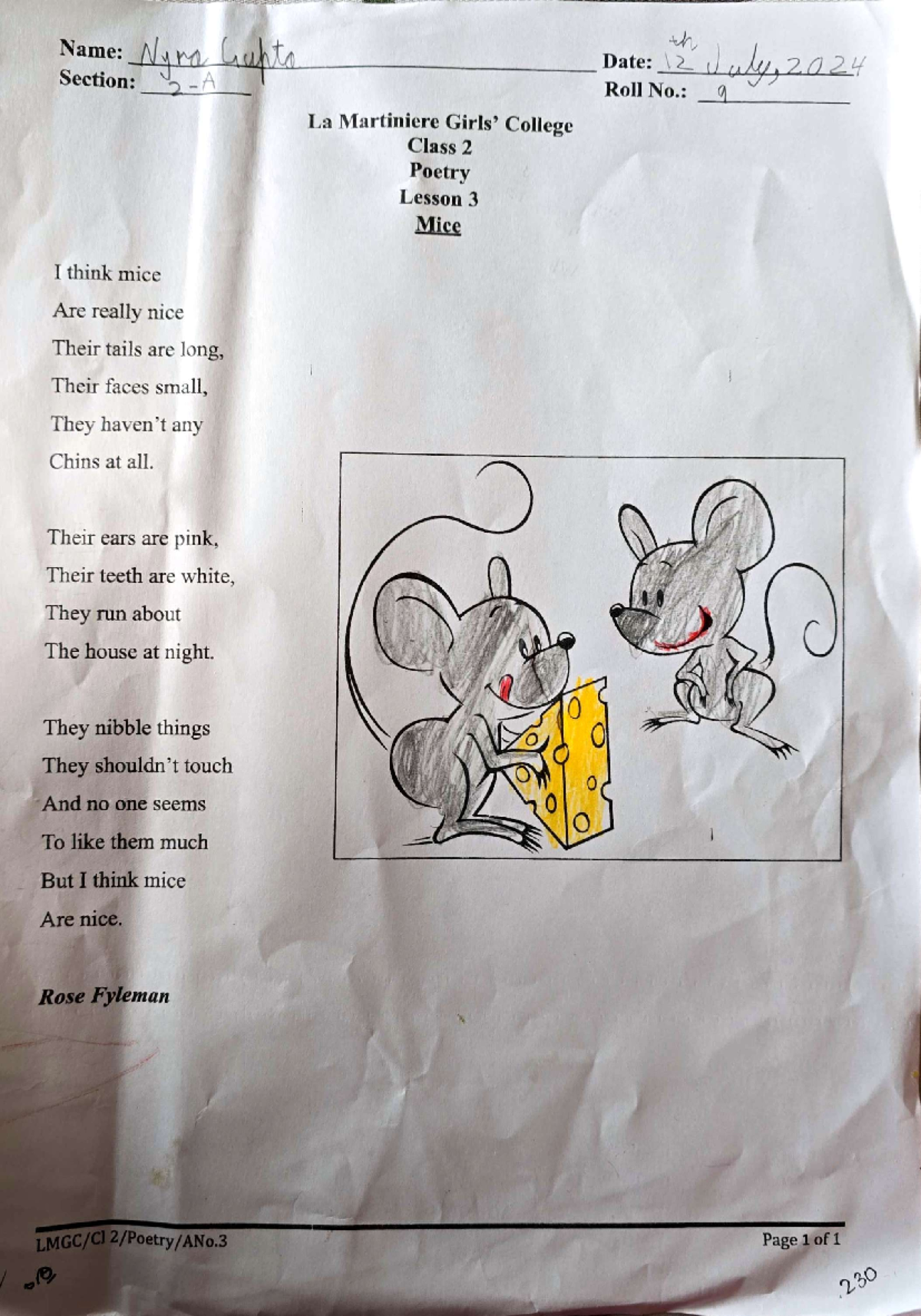 Poetry Lesson 3: Mice for Class 2 - La Martiniere College - Studocu