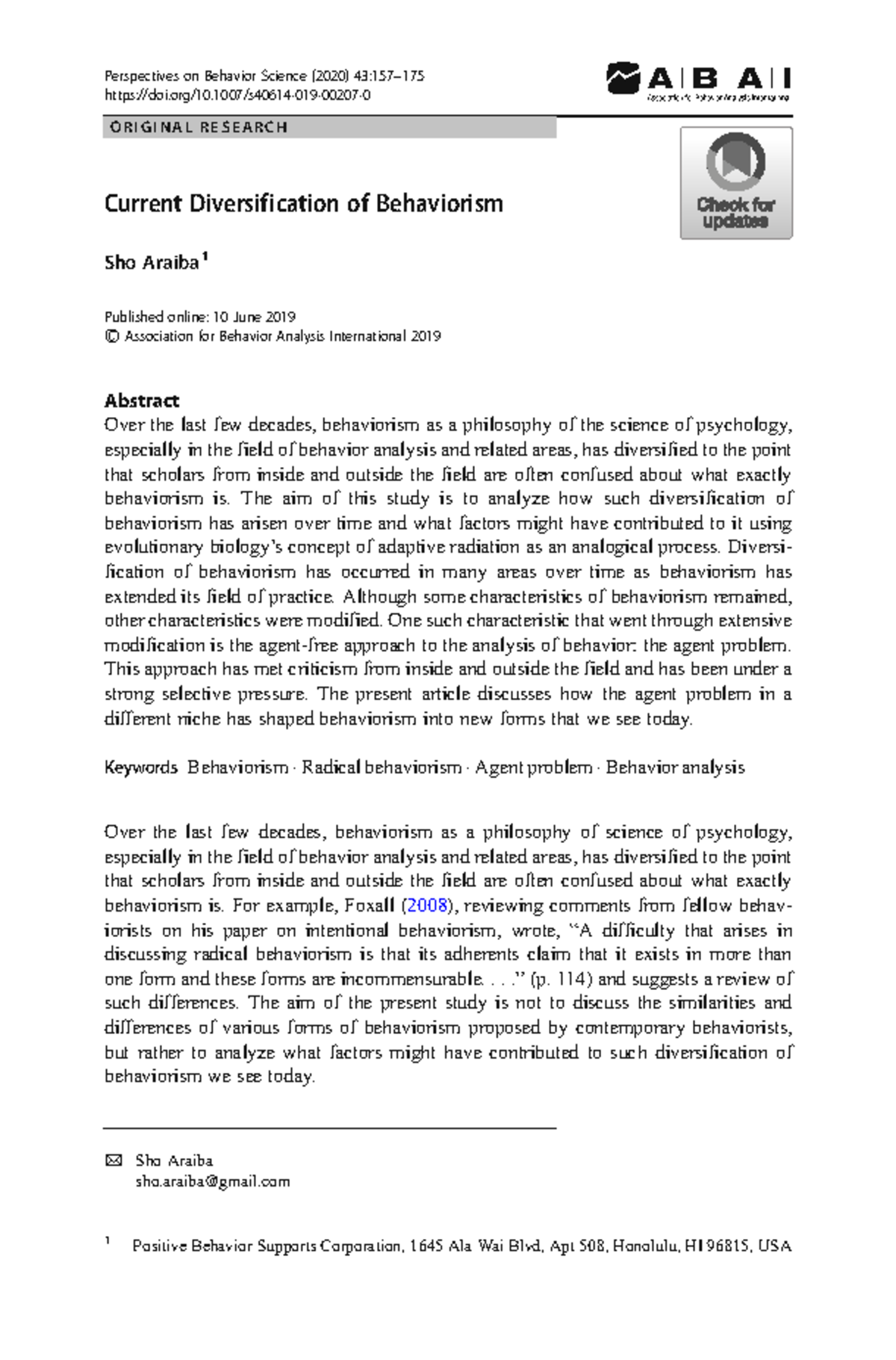 Current Diversification of Behaviorism: An Evolutionary Perspective - O ...