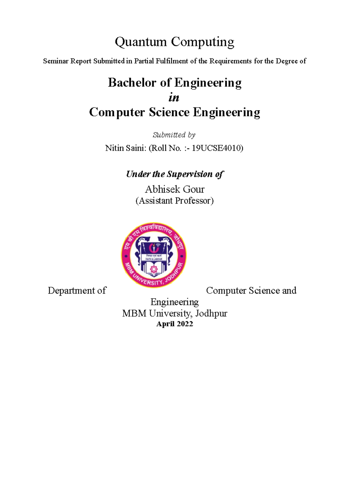 CSE 7th Sem Seminar Report: Exploring Quantum Computing Concepts - Studocu