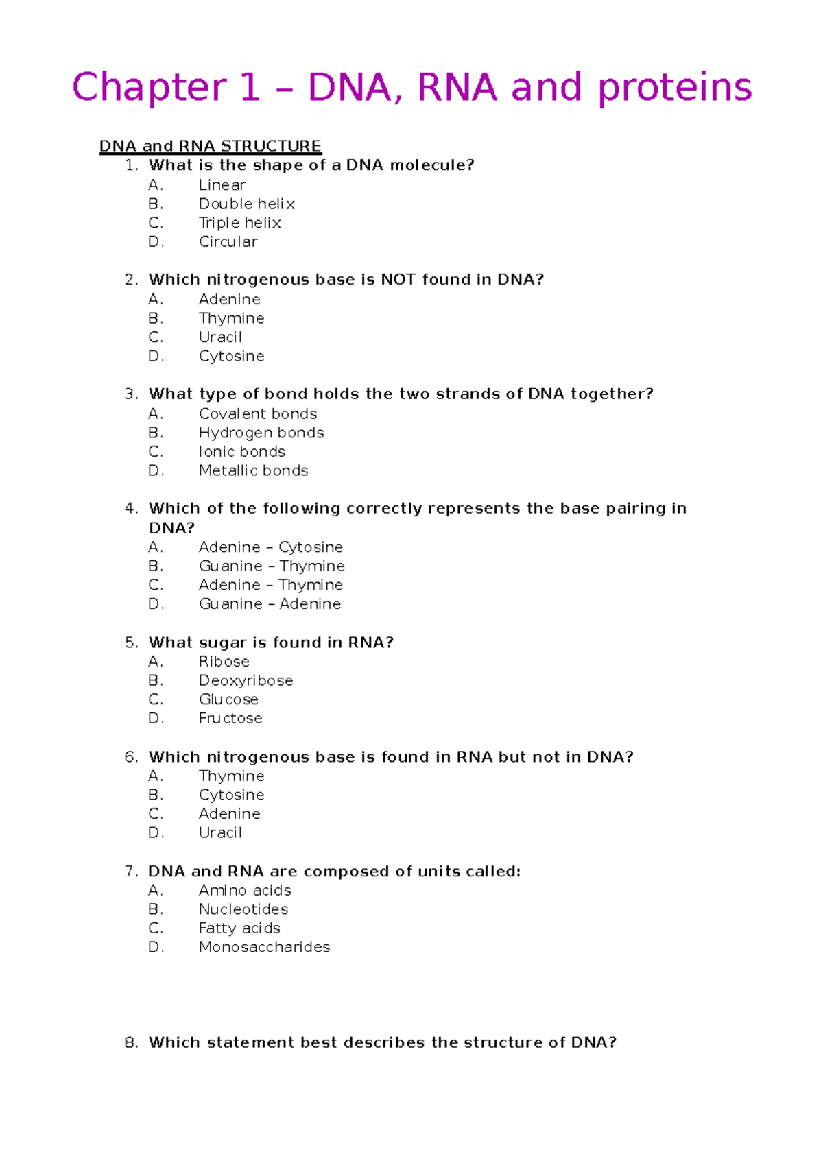 DNA and RNA Structure MC Questions (BIO 2026) - Studocu