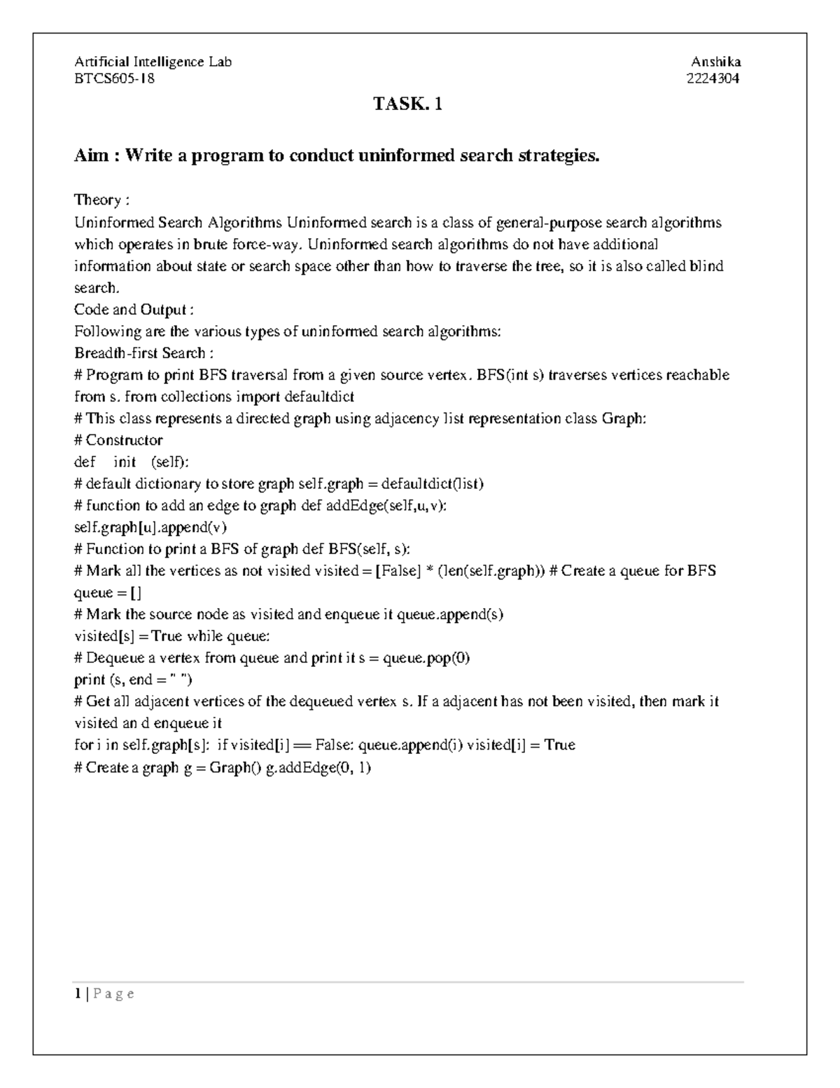 AI LAB - Uninformed Search Strategies and Game Search Programs - Studocu