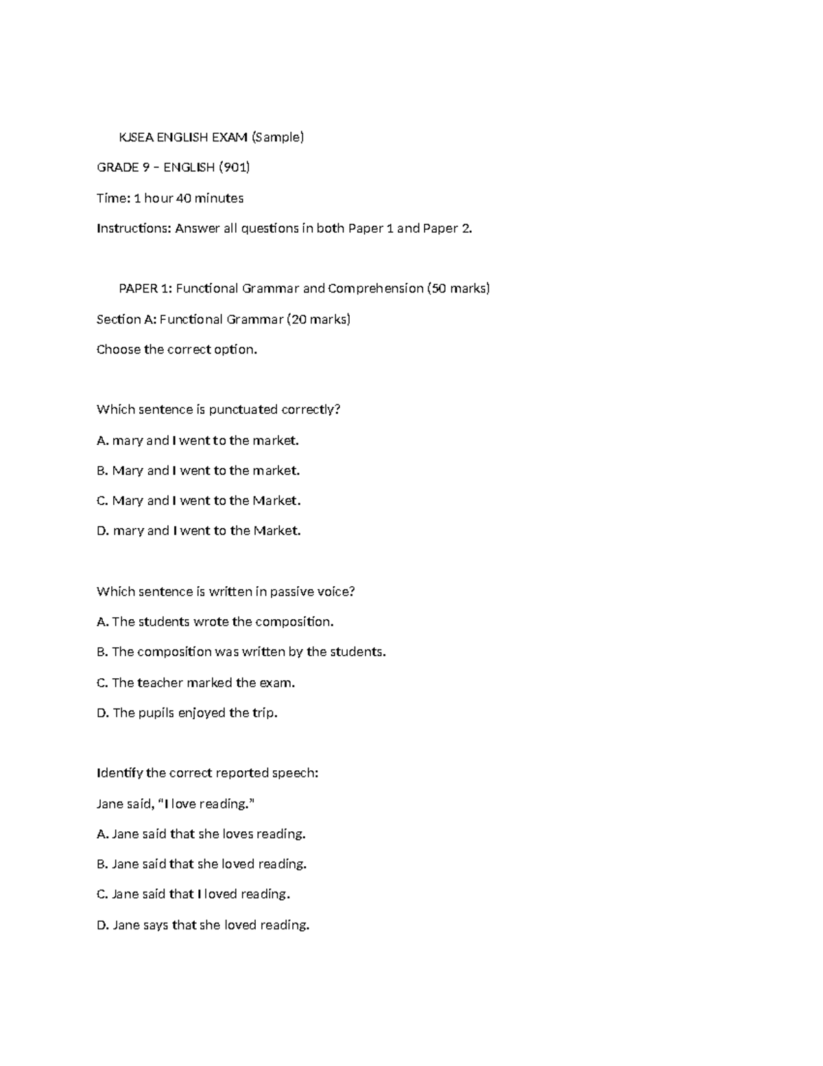 KJSEA GRADE 9 ENGLISH (901) Exam Sample: Functional Grammar ...