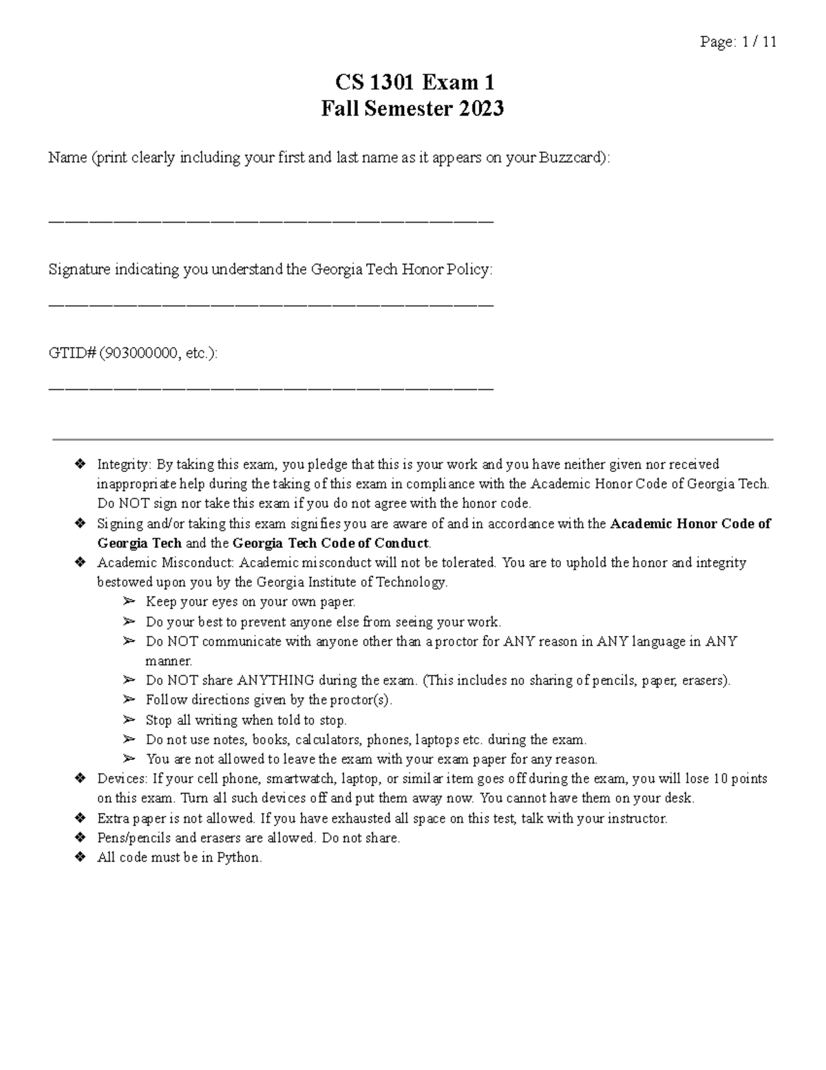 CS 1301 Fall 2023 - Exam 1 Guidelines and Questions - Studocu