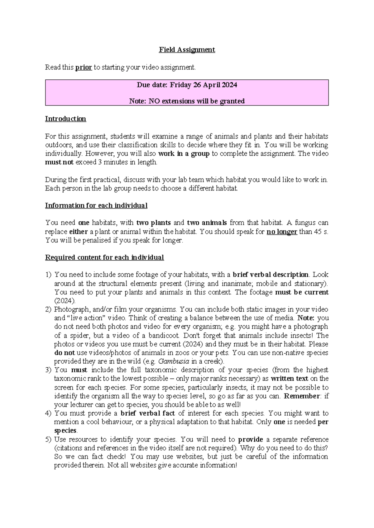 Field Assignment - Field Assignment Read this prior to starting your ...