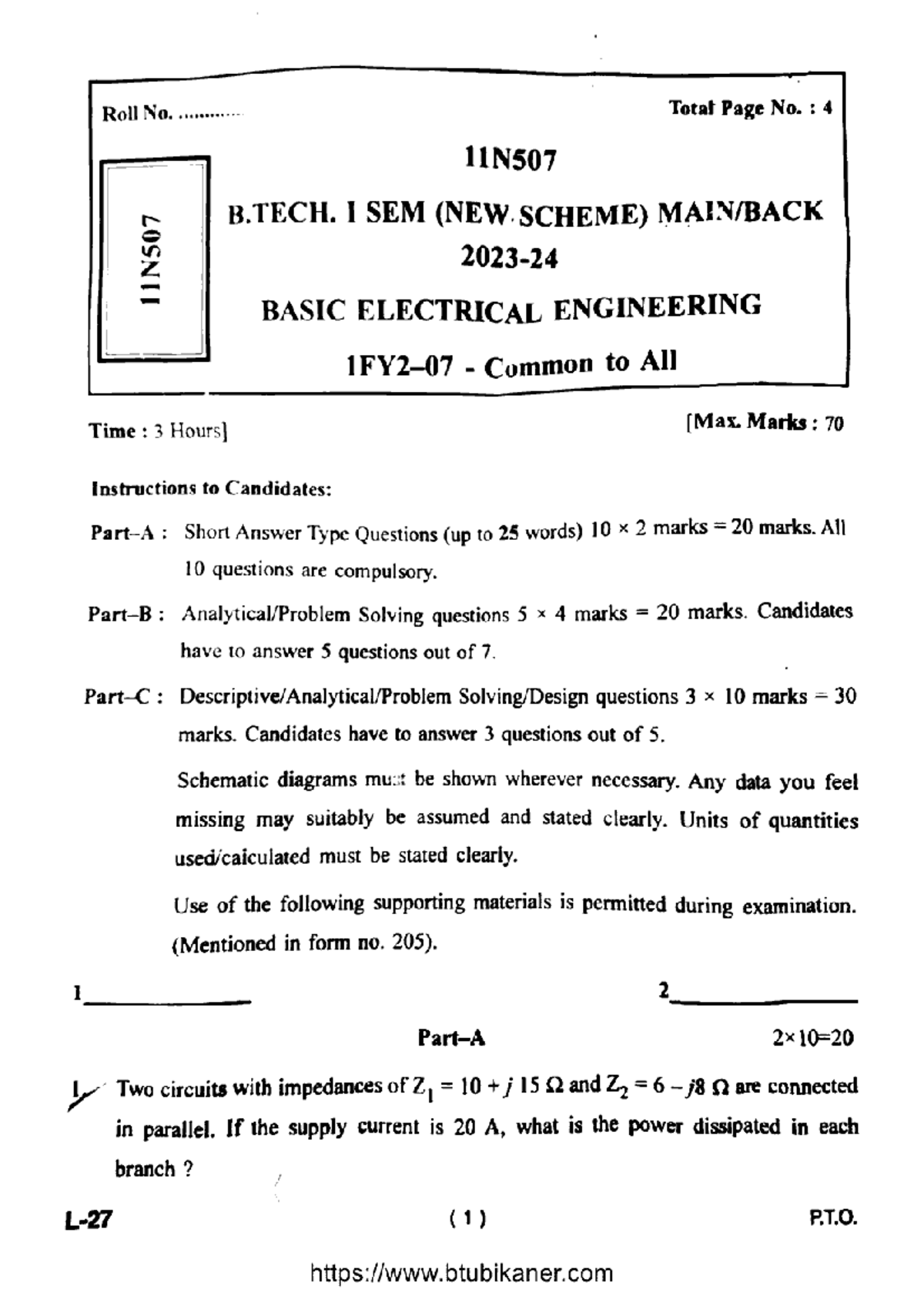 Btech 1 sem basic electrical engineering 11n507 2024 - Roll No. Total Page No. : 4 11N507 B. I ...