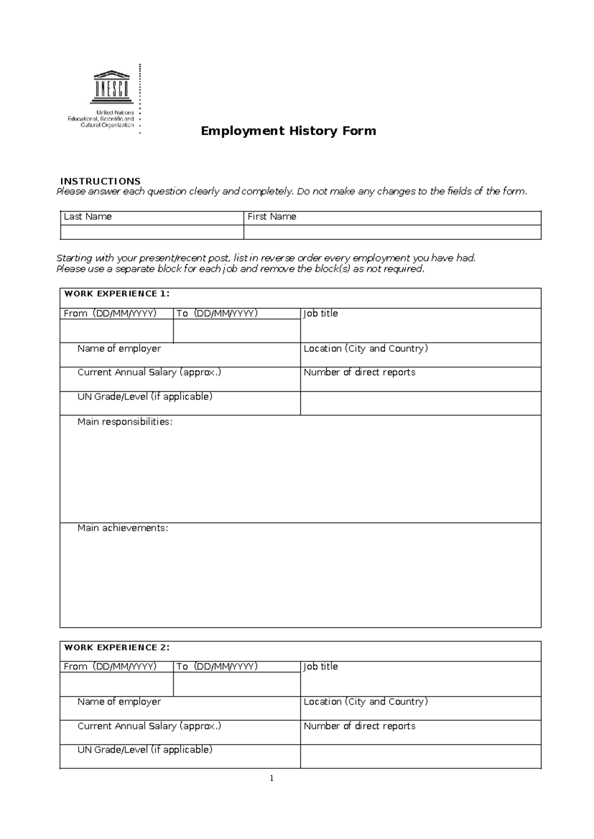UNESCO Employment History Form Instructions - Updated Template - Studocu