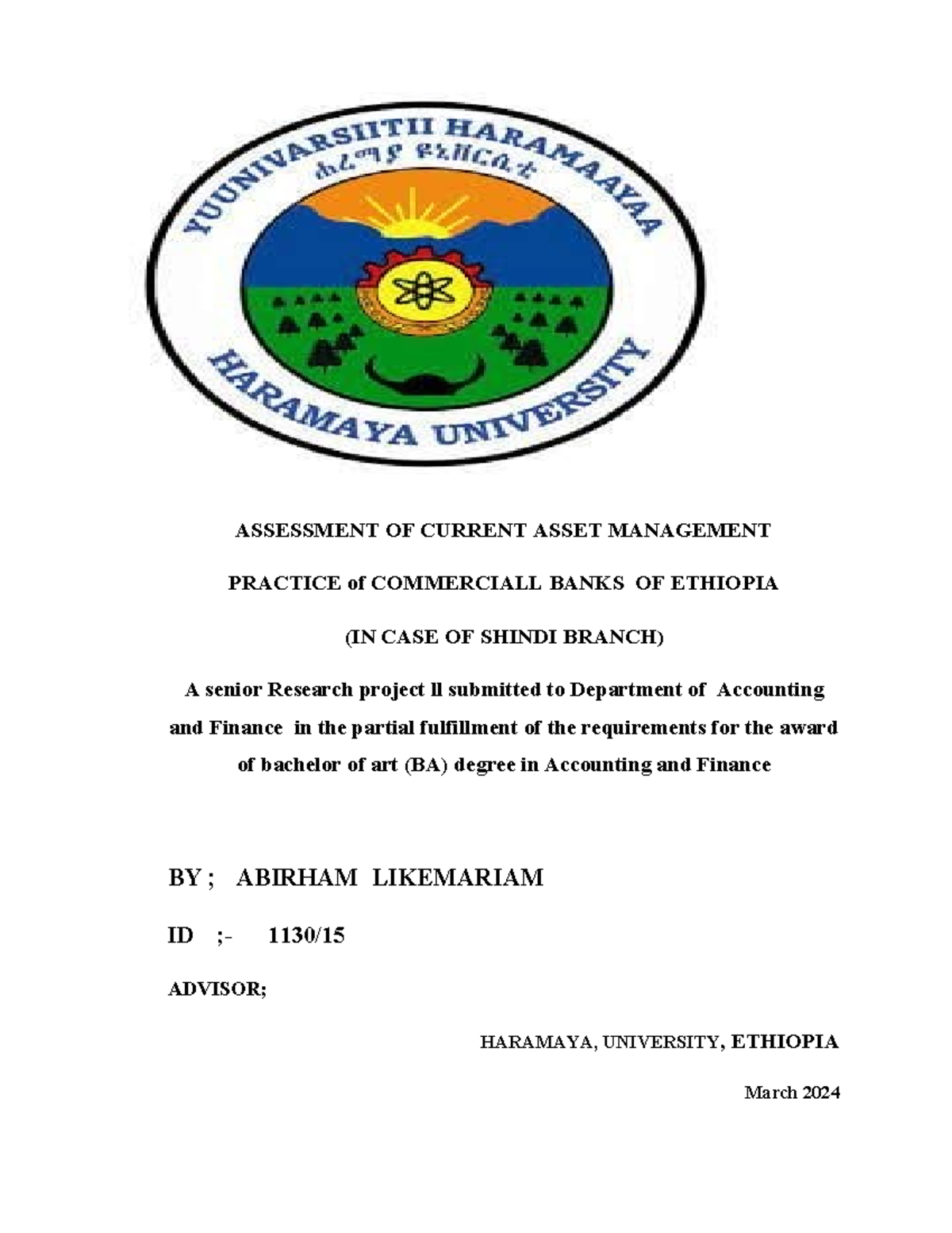 Assessment of Current Asset Management Practices in CBE (BA in ...