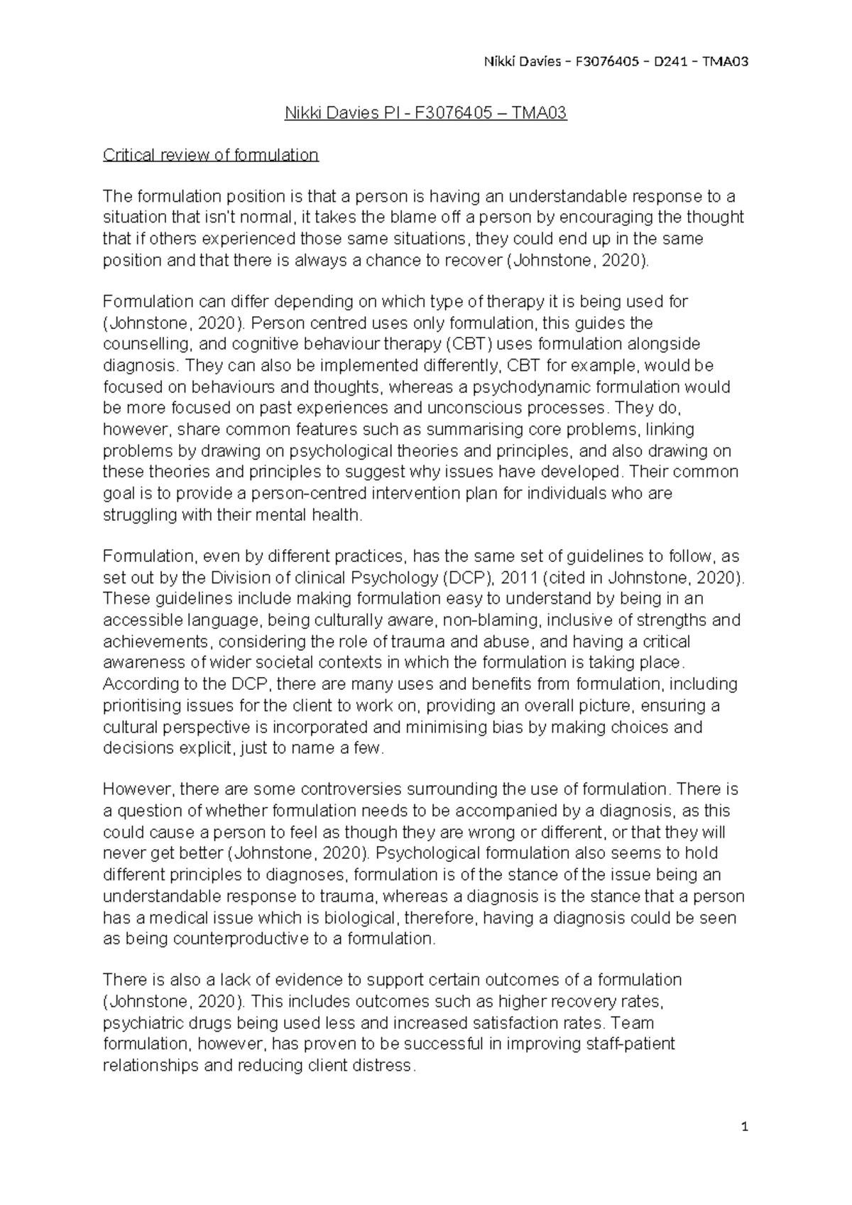 F3076405 - TMA03 - Critical Review of Person-Centred Formulation - Studocu
