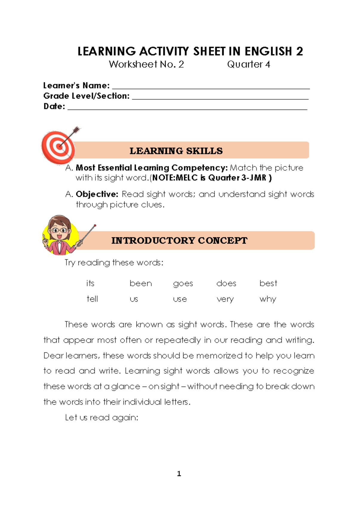 LAS EN2 Q4 W2 - LEARNING ACTIVITY SHEET IN ENGLISH 2 Worksheet No. 2 Quarter 4 Learner’s Name ...