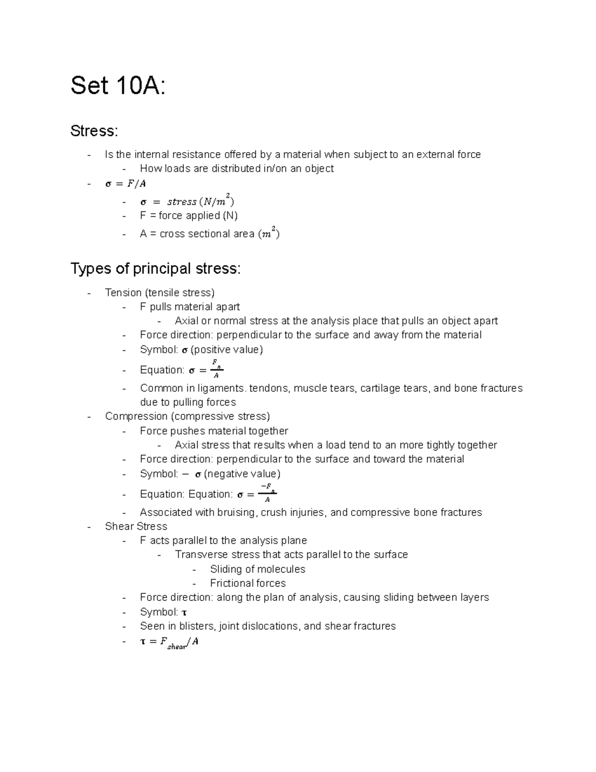 Set 10A & 10B: Stress and Strain in Biomechanics Analysis - Studocu