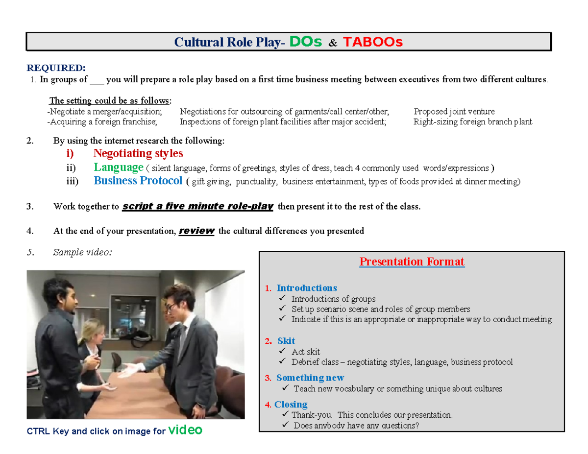 Cultural Role Play 2 - ...... - Cultural Role Play- DOs & TABOOs ...