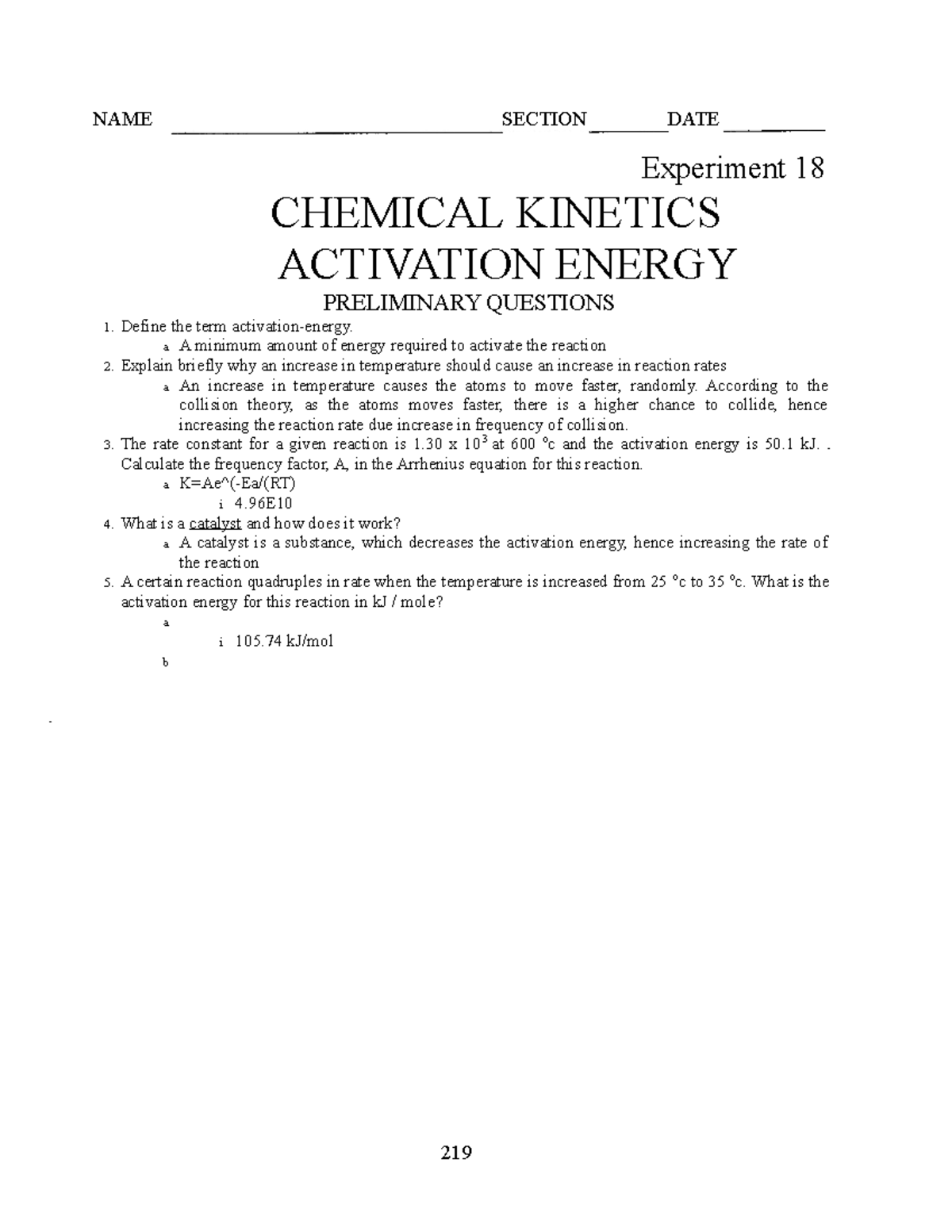 Activation-Energy word - NAME SECTION DATE Experiment 18 CHEMICAL ...