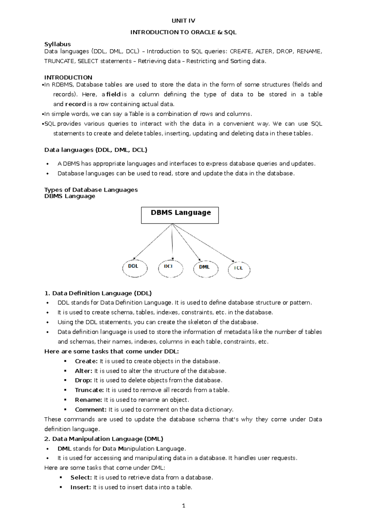UNIT IV: INTRODUCTION TO ORACLE SQL - DDL, DML, DCL Overview - Studocu