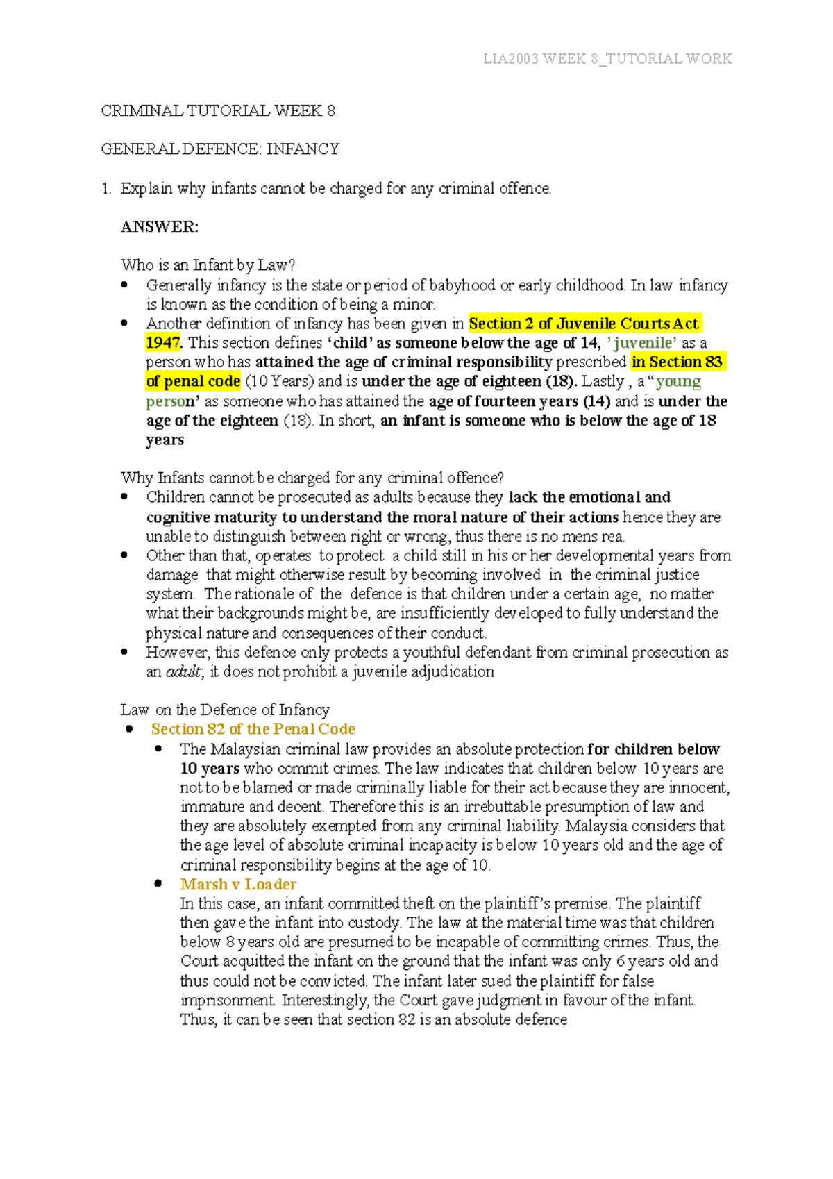 LIA2003 Criminal Law Tutorial Week 8: Defenses of Infancy Explained ...