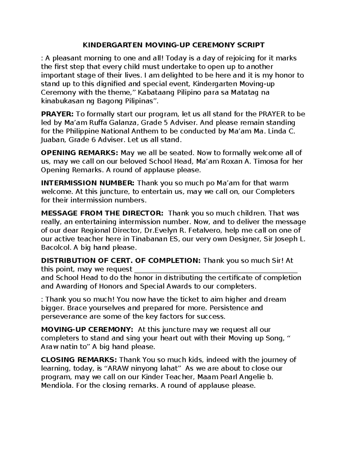 KINDERGARTEN MOVING-UP CEREMONY SCRIPT: A Celebration of Growth - Studocu