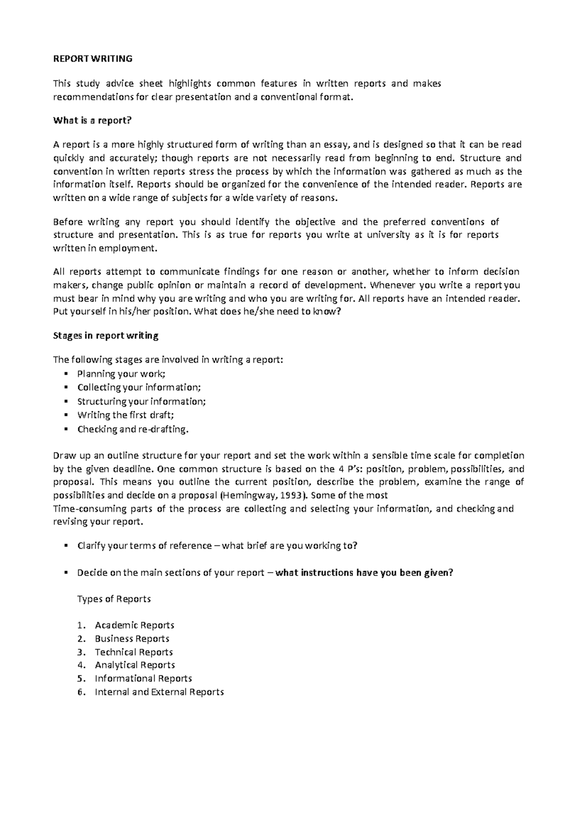 Report Writing - English - REPORT WRITING This study advice sheet ...