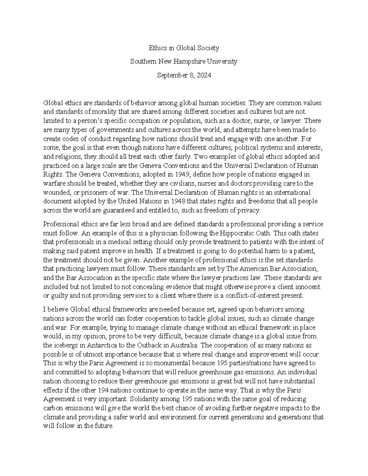 Module One Short Paper - Ethics in Global Society Southern New ...