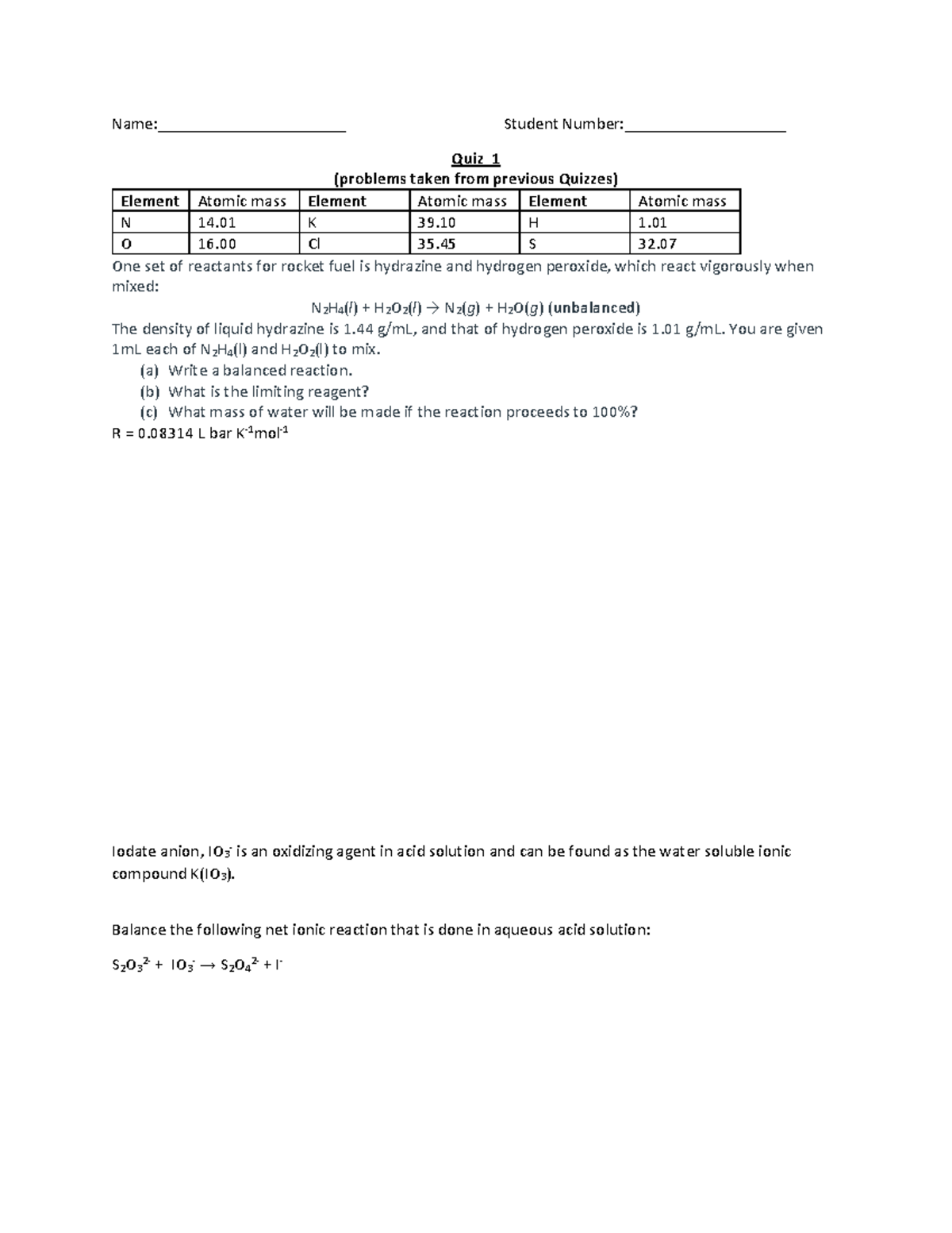 Quiz 1 example questions - Name:______________________ Student Number