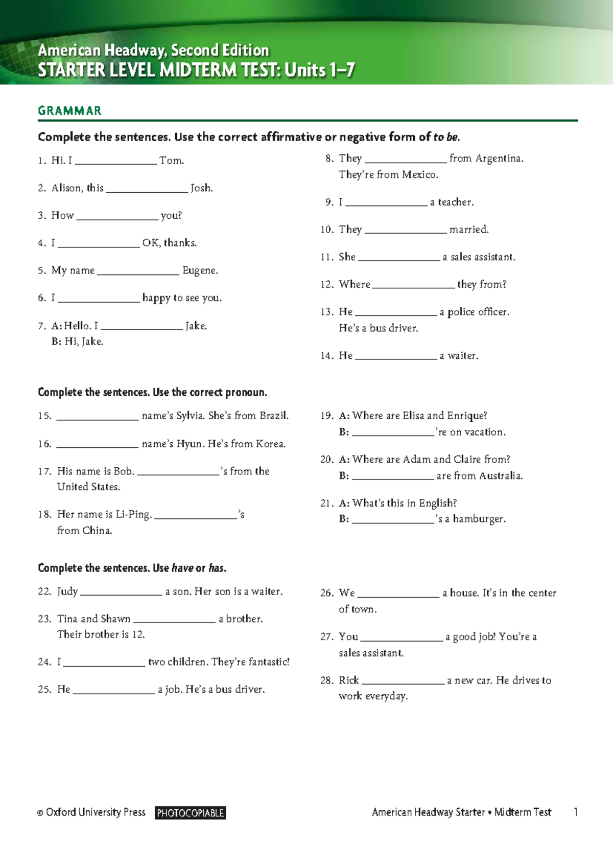 American Headway Starter Level Midterm Test: Grammar & Vocabulary - Studocu