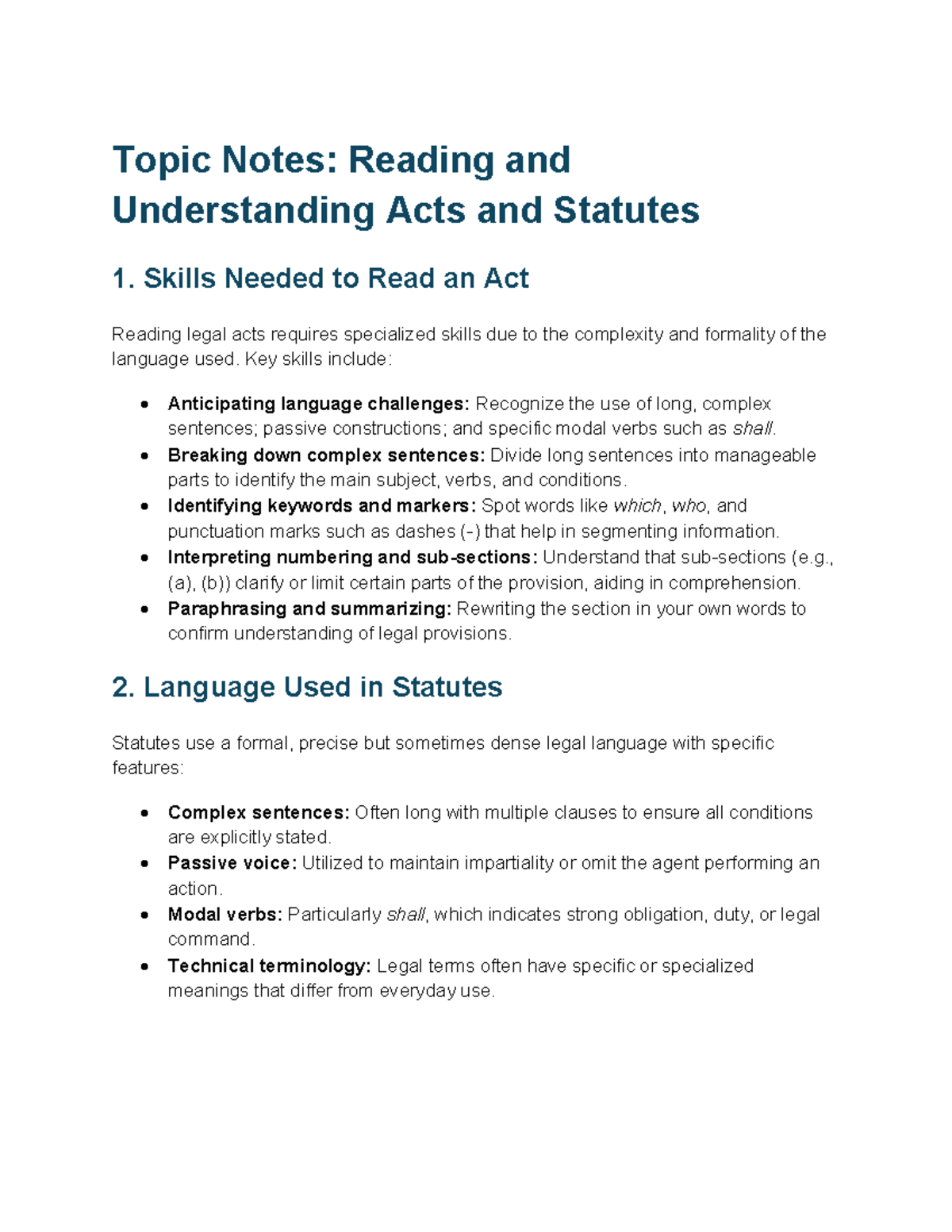 Topic Notes: Reading and Understanding Acts and Statutes - Studocu