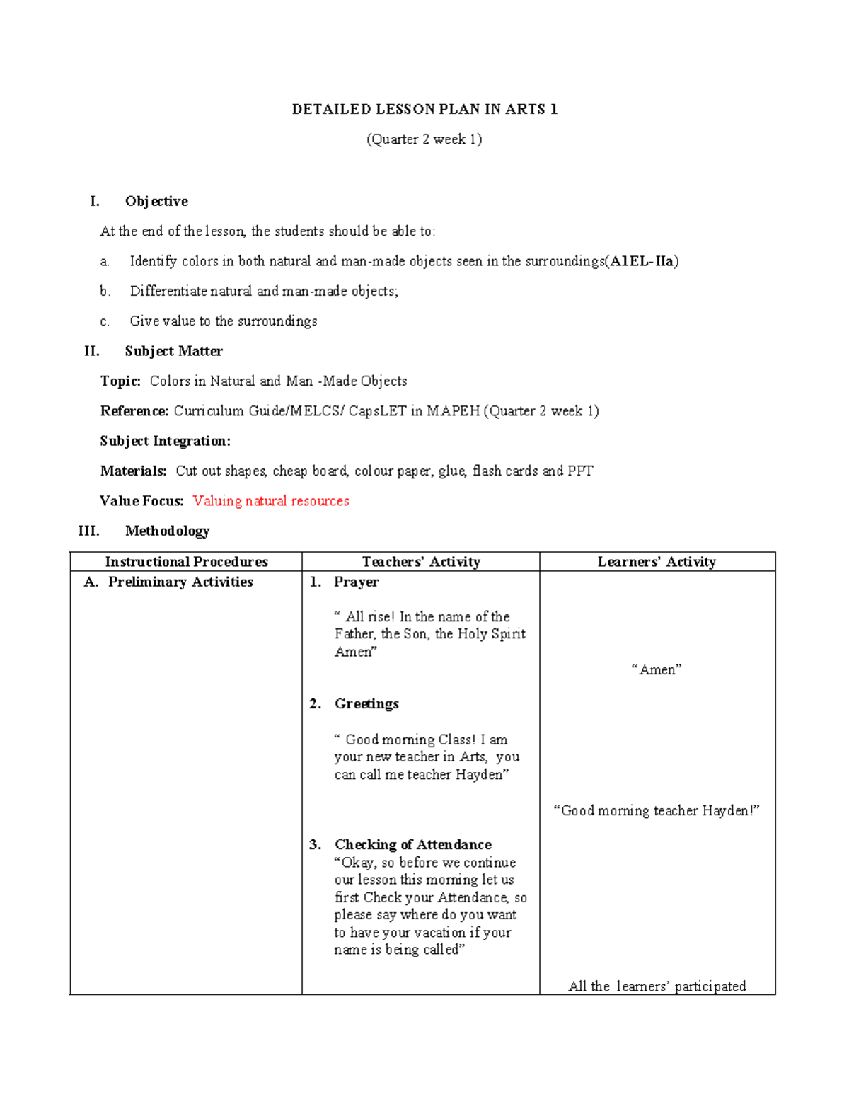 Detailed Lesson Plan in ARTS 1: Quarter 2, Week 1 Activities - Studocu