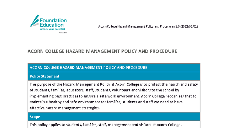 Acorn College Hazard Management Policy & Procedures v1.0 - Studocu