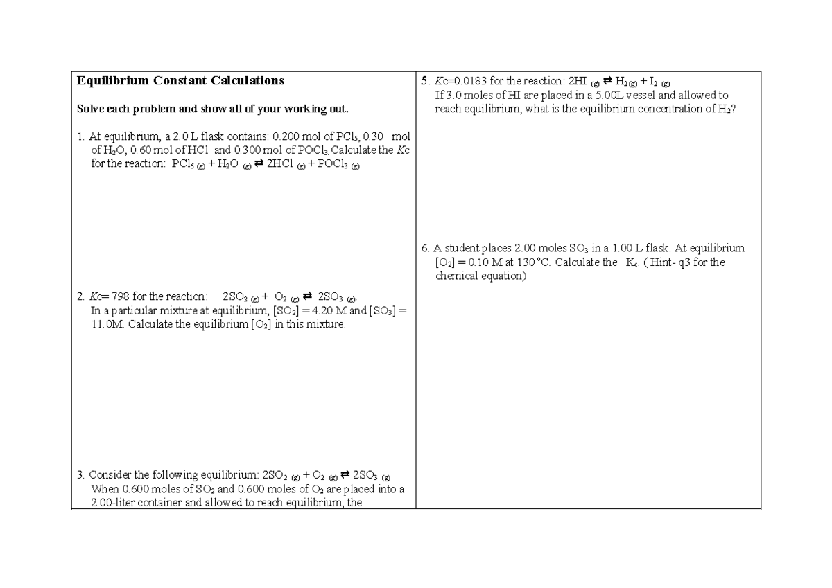 Equilibrium Constant Calculations for Chemical Reactions - Studocu