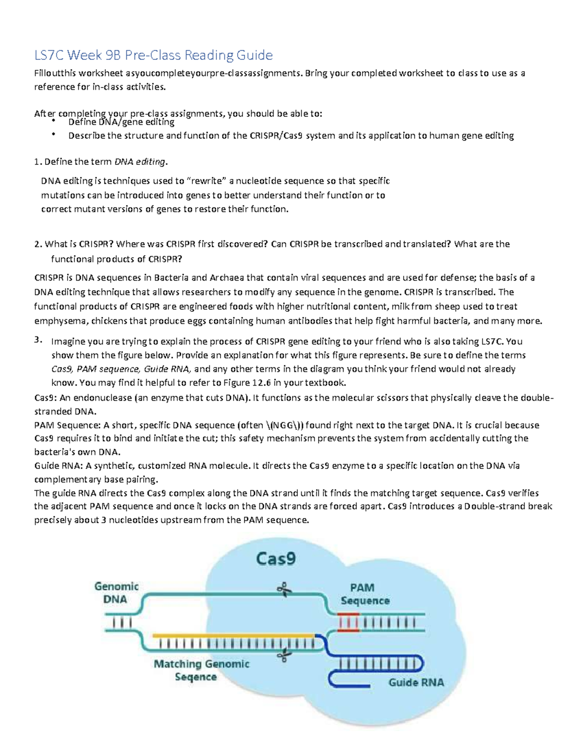 LS7C Week 9B Completed Reading Guide on CRISPR and DNA Editing - Studocu
