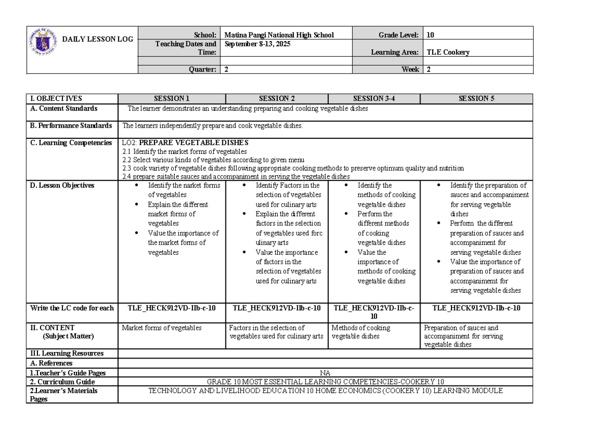 Q2-TLE 10 - Daily Lesson Log for Cookery 10, Week 2 - Studocu