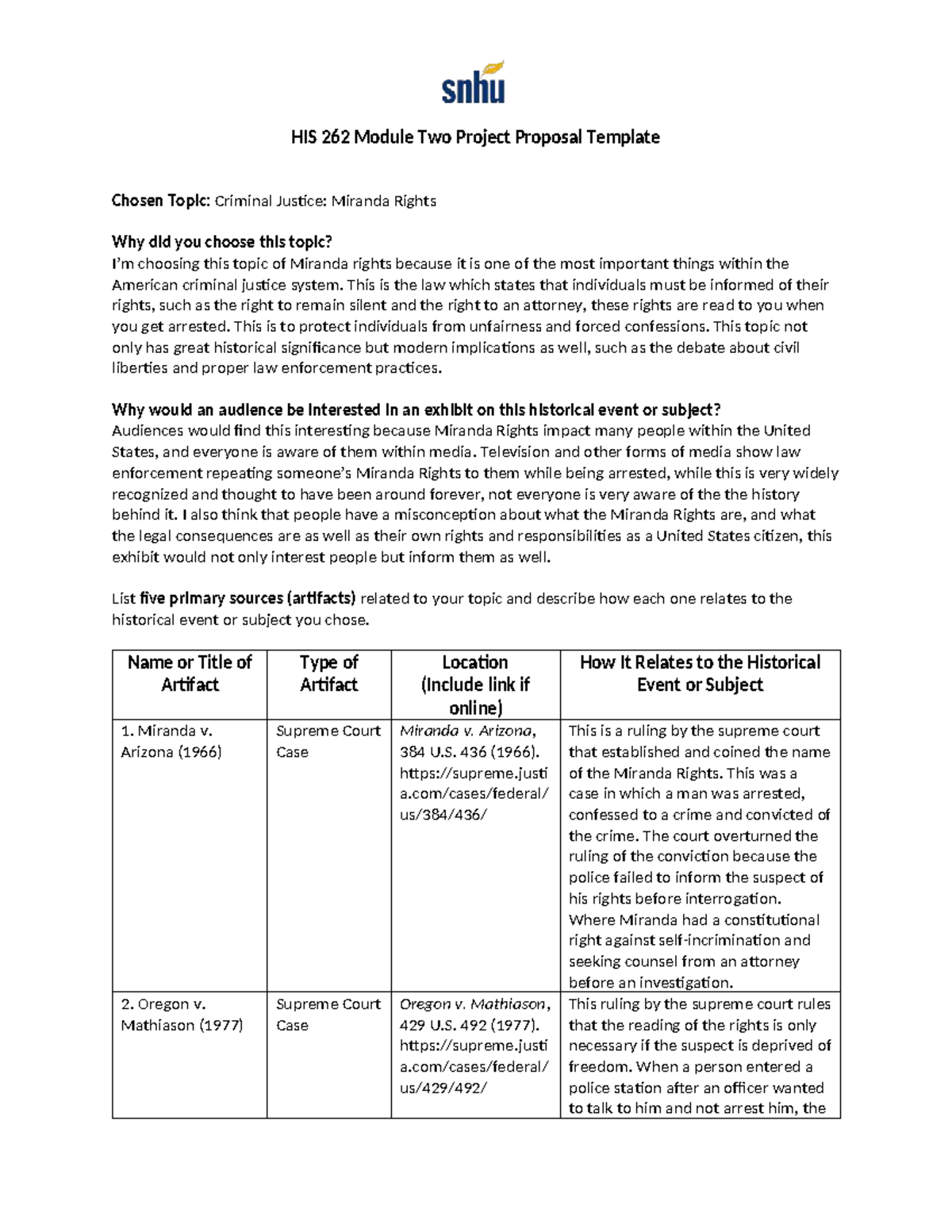 HIS 262 Module Two Project Proposal: Exploring Miranda Rights - Studocu