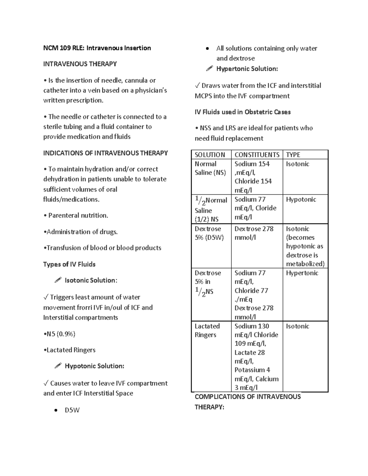 IV Therapy & Blood Transfusion Notes - NCM 109 RLE Study Guide - Studocu