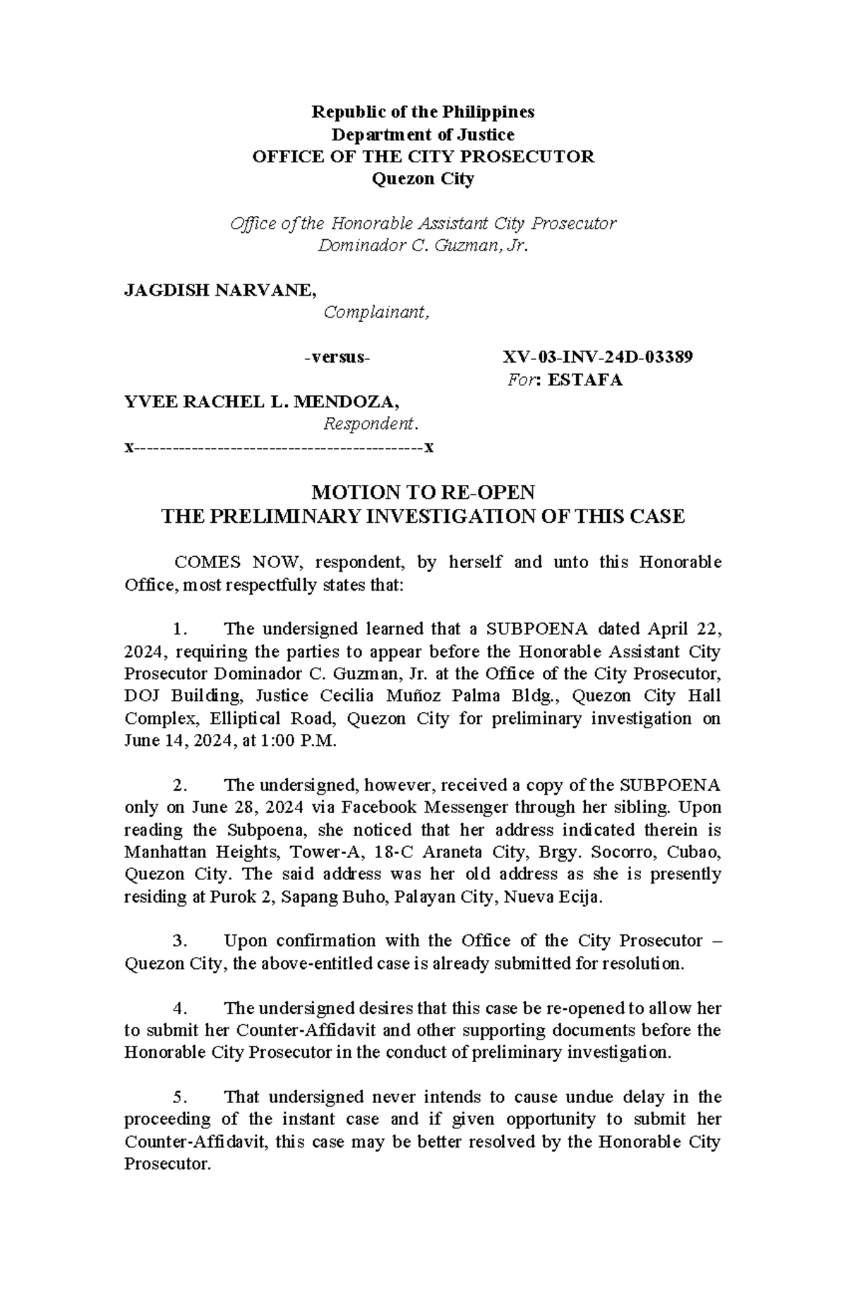 Motion to Re-Open Case XV-03-INV-24D – YVEE Rachel L. Mendoza - Studocu