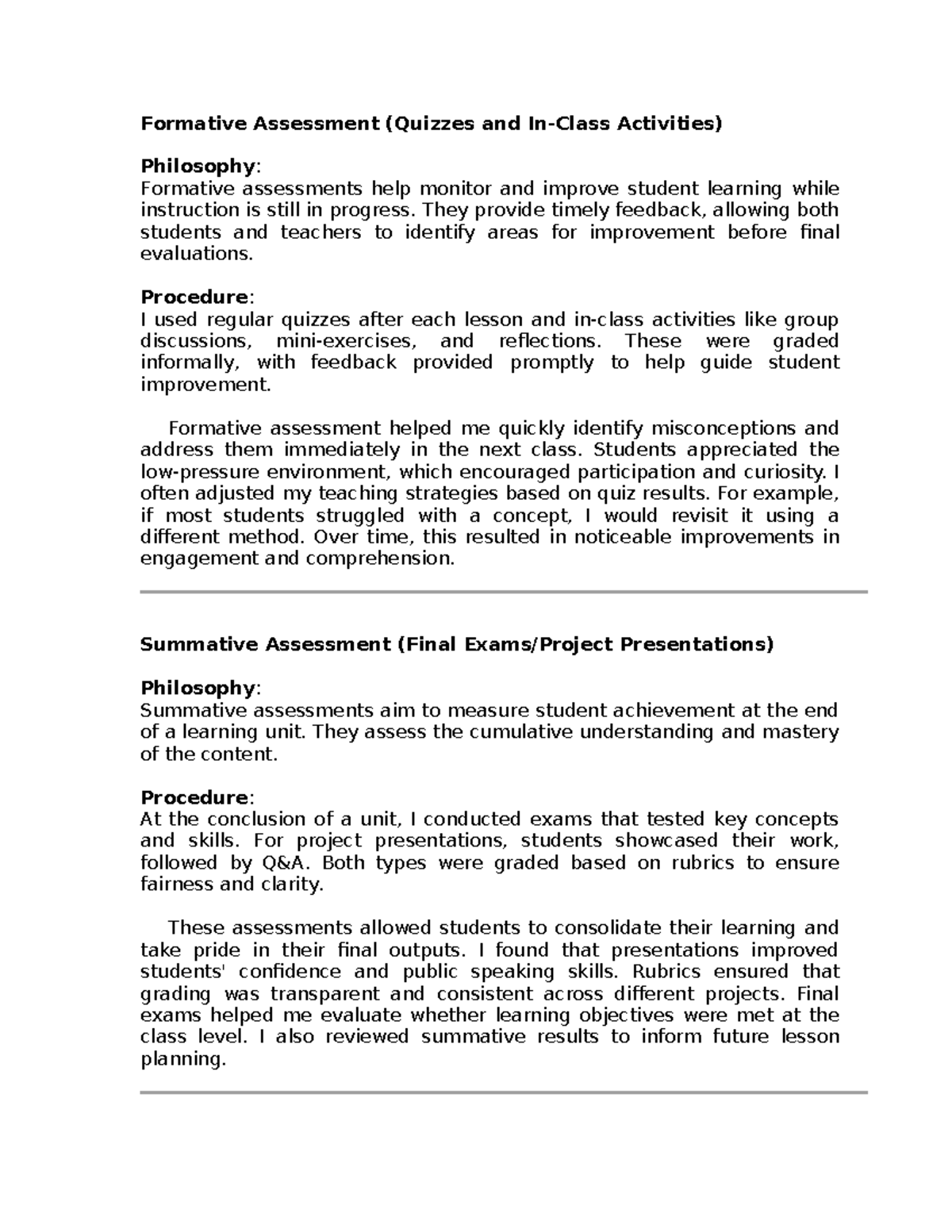Sample Assessment Tools for Philosophy Course: Quizzes, Observations ...