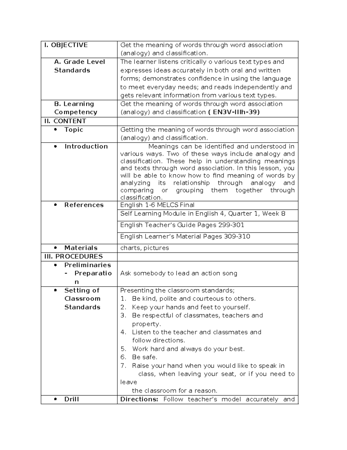 English Lesson Plan - I. OBJECTIVE Get the meaning of words through ...