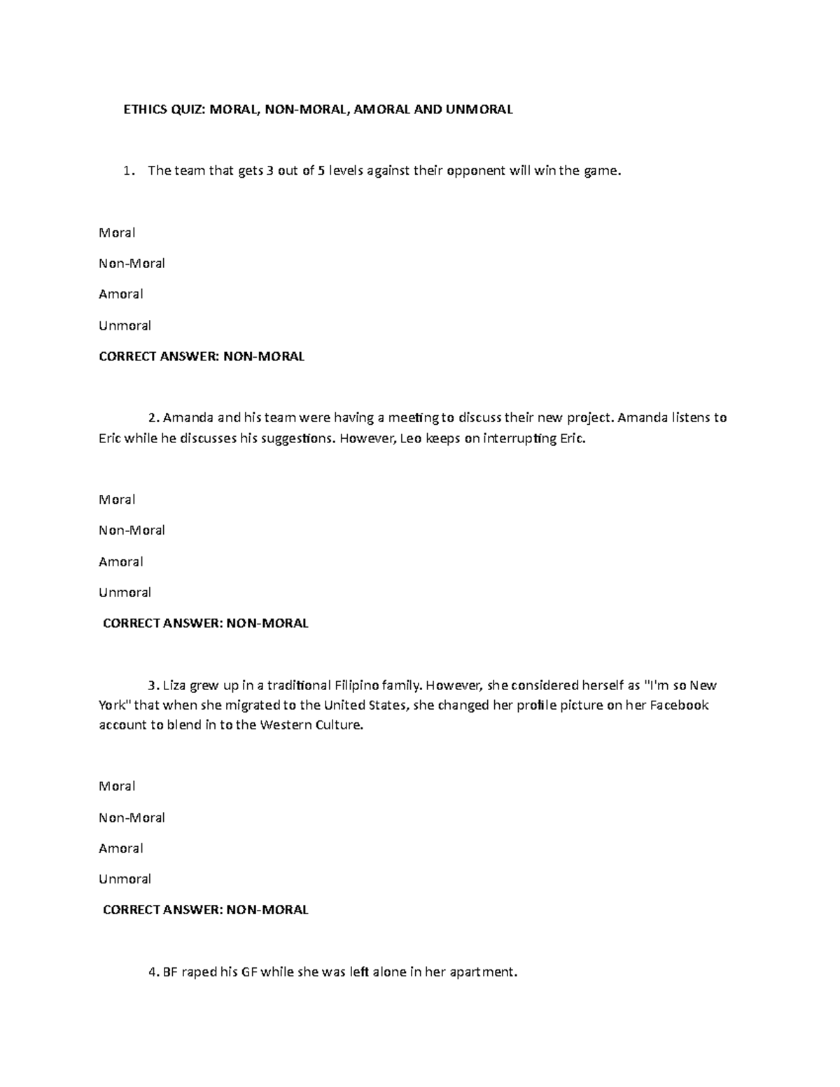 Ethics QUIZ: Understanding MORAL, NON-MORAL, AMORAL & UNMORAL - Studocu