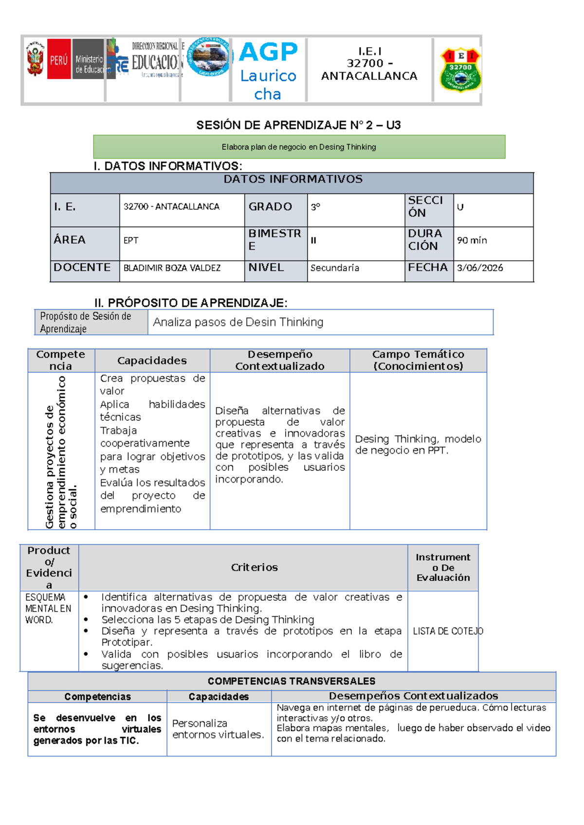 AGP I.E.I 32700 ANTACALLANCA Sesión de Aprendizaje 2: Plan de Negocio ...