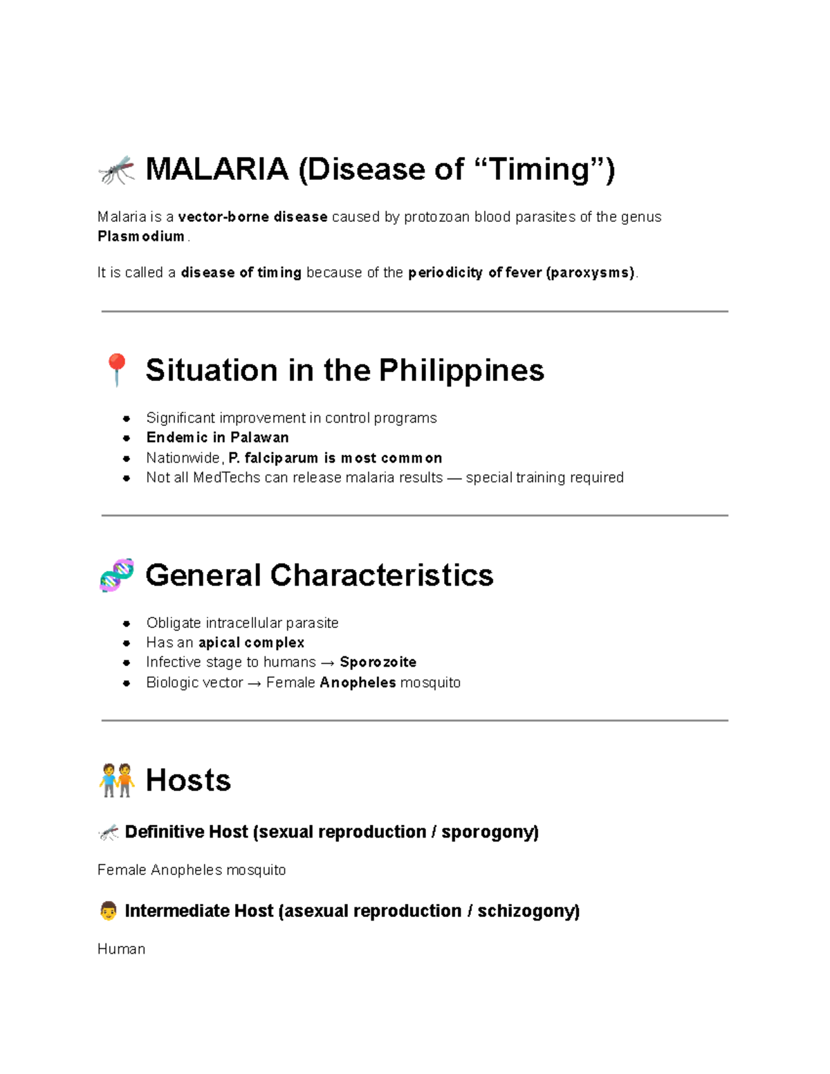 MALARIA (MAL 101) - Overview, Life Cycle, and Clinical Aspects - Studocu