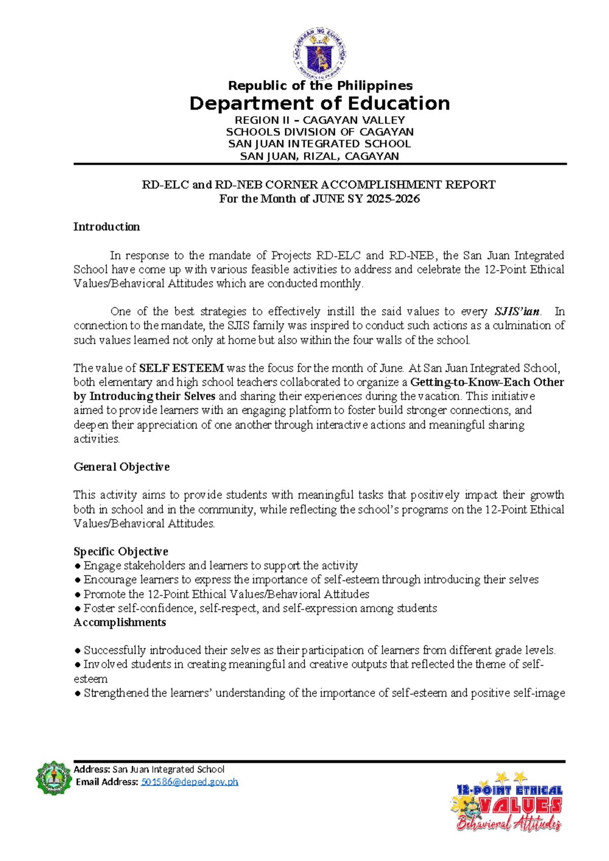 Accomplishment Report: Self-Esteem Activities - June 2023 - Studocu