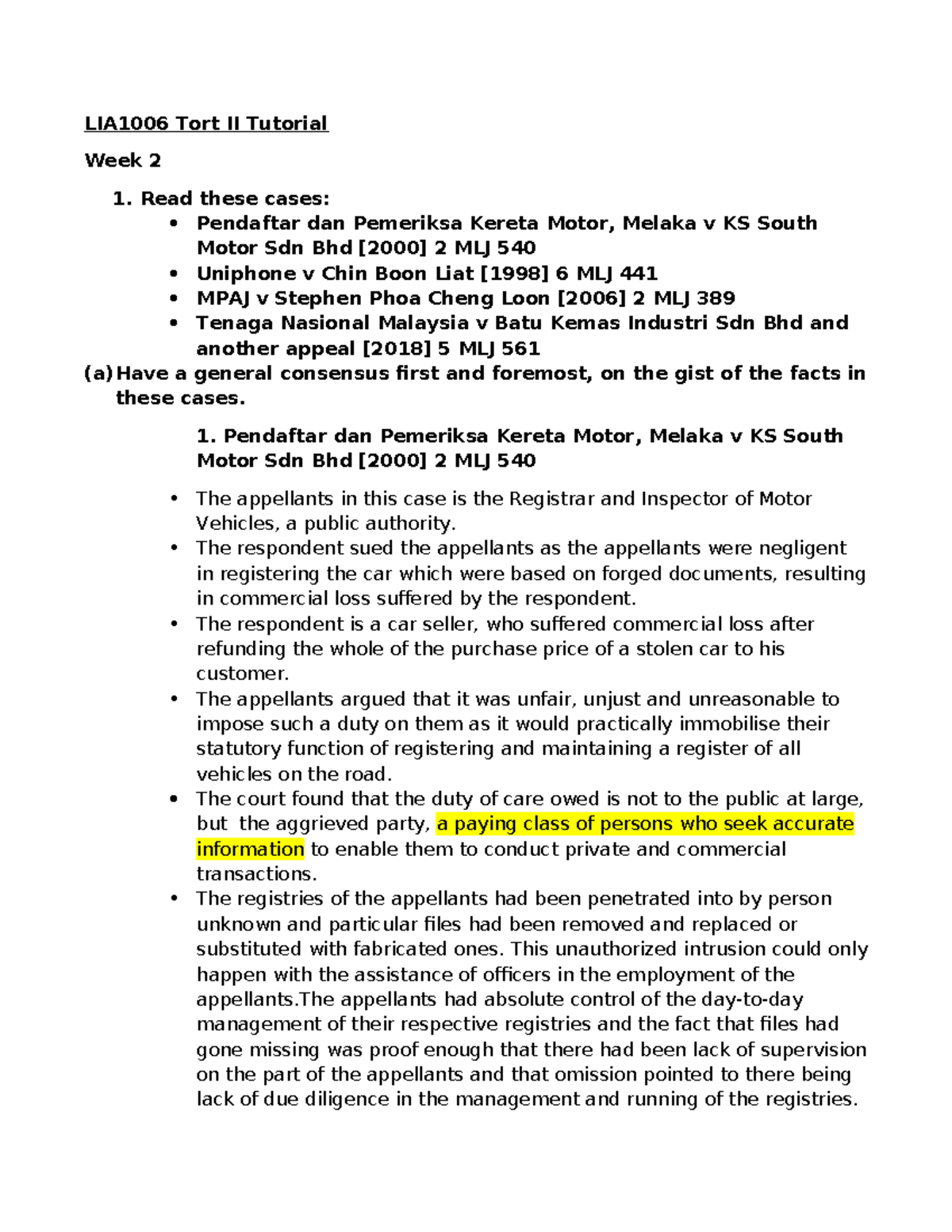 LIA1006 Tort II Tutorial Week 2: Case Analysis and Duty of Care - Studocu
