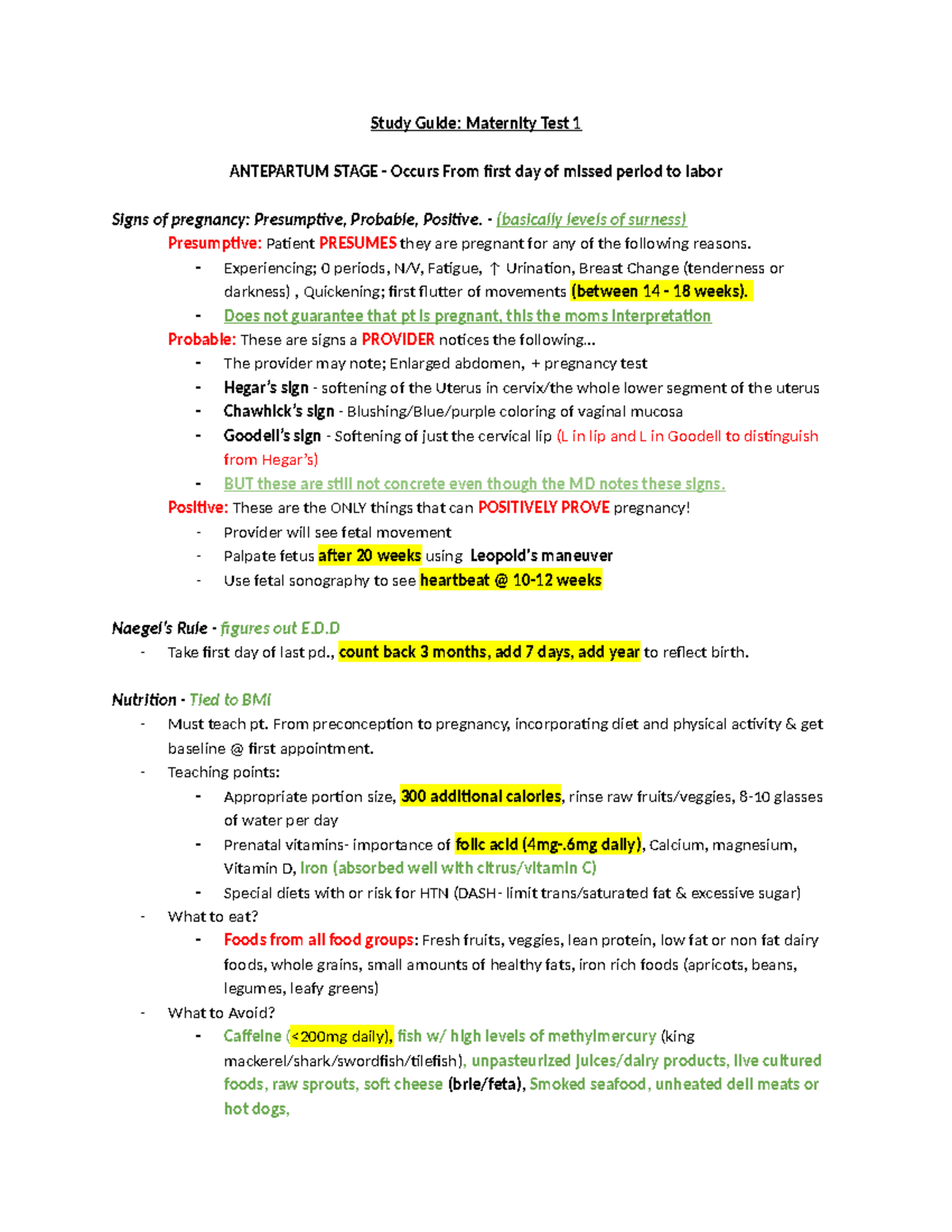 Maternity Exam Study Guide: Test 1 Overview and Key Concepts - Studocu