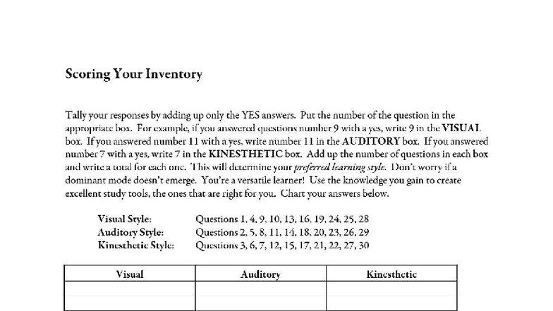 Learning Style Inventory Assessment and Scoring Guide - Studocu