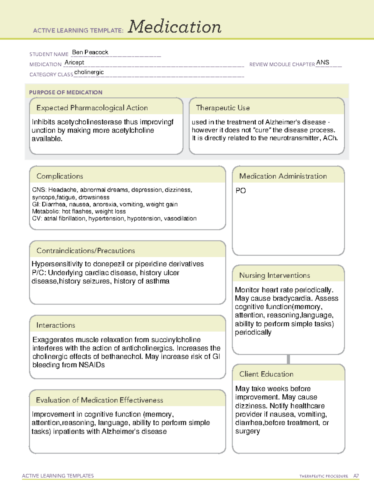 ACTIVE LEARNING TEMPLATE: ANS Med Card for Aricept (Cholinergic) - Studocu