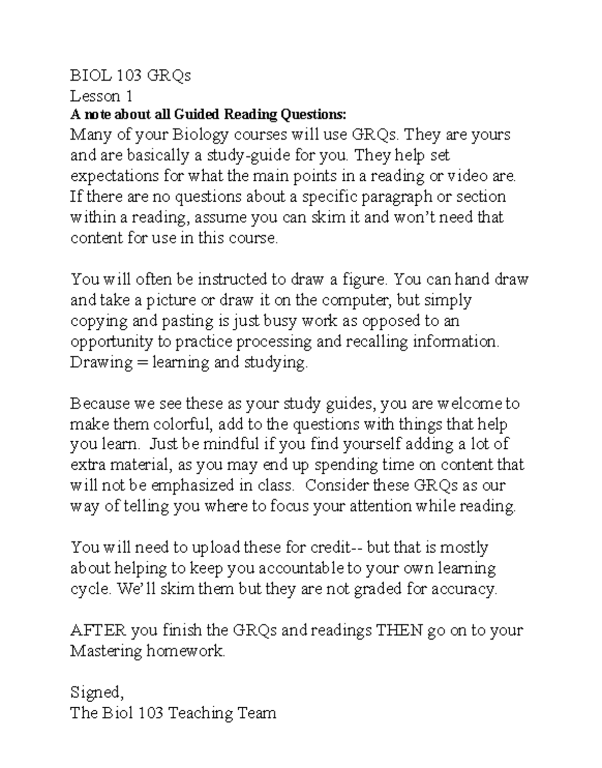 BIO 103 - Guided Reading Questions (GRQ) Lesson 1 Study Guide - Studocu