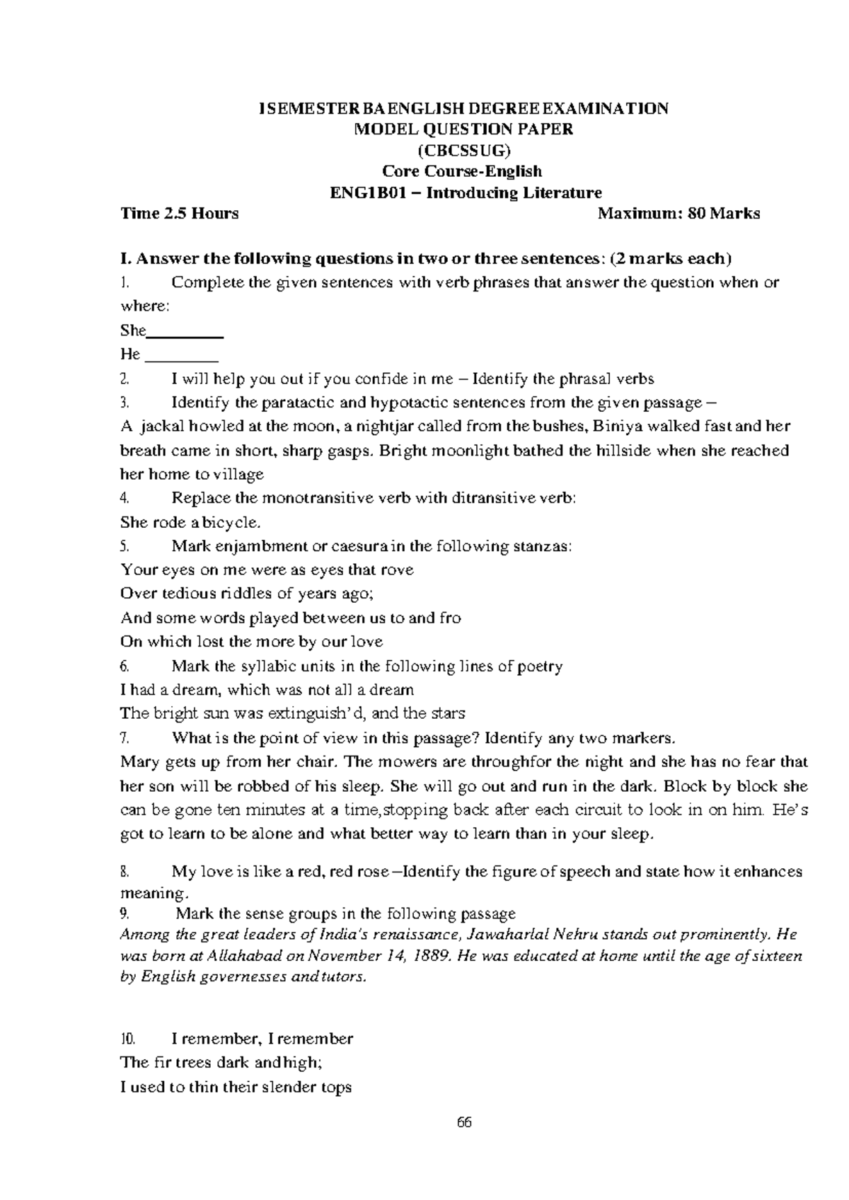 Model Question Paper for ENG1B01 - Introducing Literature (I Semester ...