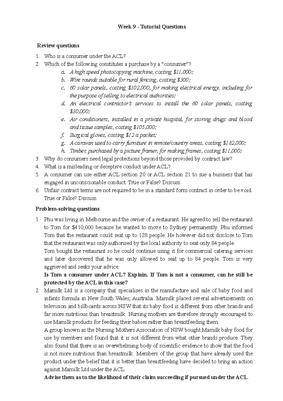 Week 9 Tutorial Questions - Week 9 - Tutorial Questions Review ...